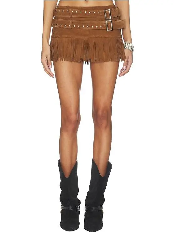 LAMARQUE Isa Double Belted Micro Suede Skirt With Fringe Hem - Cognac