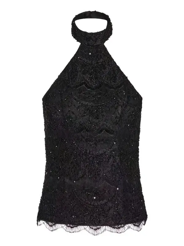 ALEXIA & ANTONIA Embellished Lace Halter Top - Black