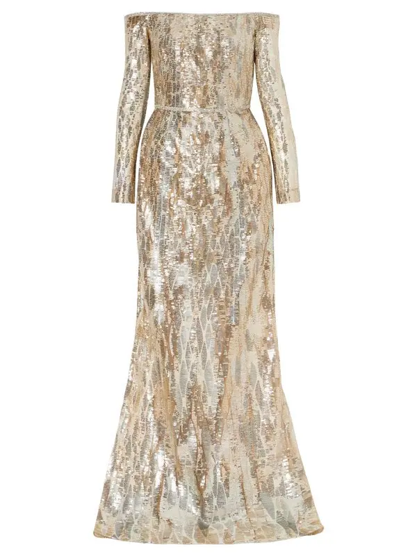 Elie Saab Off-the-shoulder Sequined Silk-blend Gown - Gold