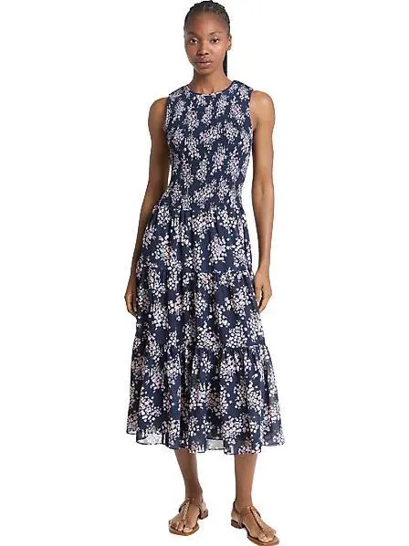 Michael Kors Floral Print Smocked Georgette Midi Dress - Pink