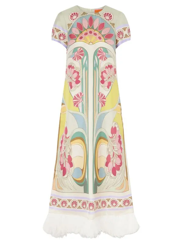 La DoubleJ Swing Feather-trimmed Silk Maxi Dress - Multi