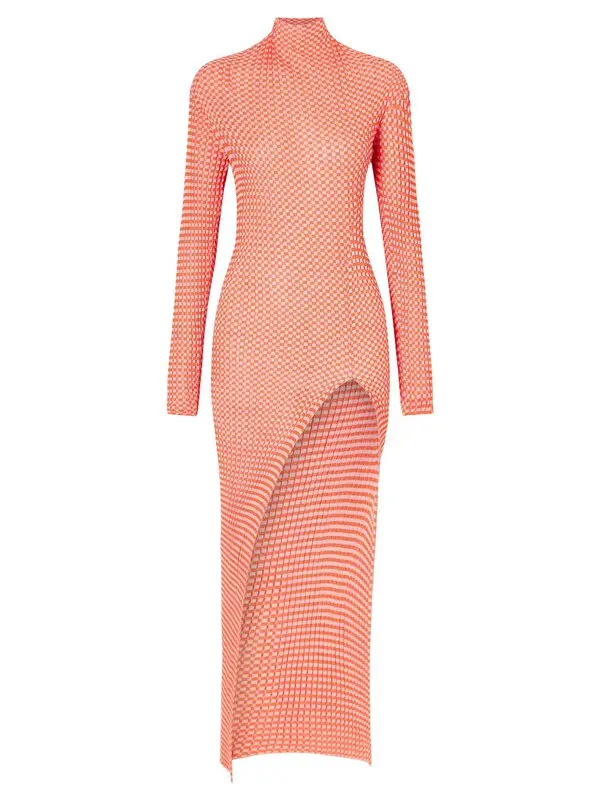 JEAN PAUL GAULTIER Asymmetric Checked Ribbed-knit Midi Dress - Pink