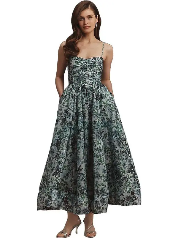 Bhldn Floral Bustier Midi Dress - Blue Pattern