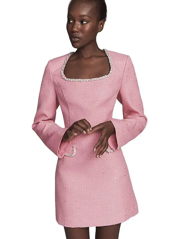 Endless Rose Long-sleeve Square-neck Tweed Mini Dress - Pink