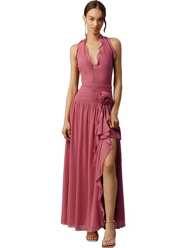 Bhldn Plunge Halter-neck Chiffon Maxi Dress - Desert Rose