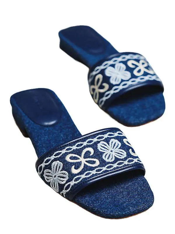 Maeve Embroidered Logo Slide Sandals - Denim/cream