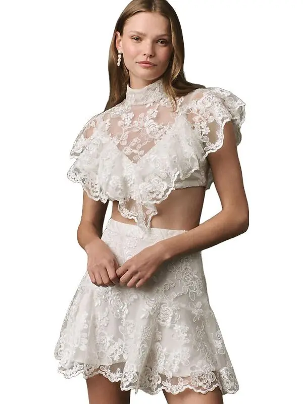 Bhldn Lace Ruffle Mock-neck Top And Mini Skirt Set - White