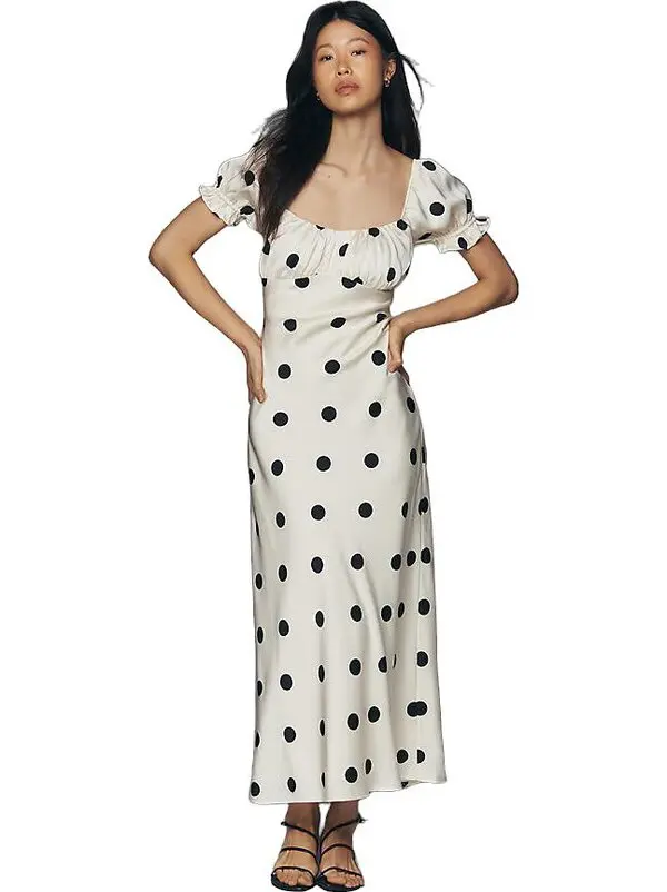 Lulus Keaton Puff-sleeve Midi Dress - Ivory/black Polka Dot