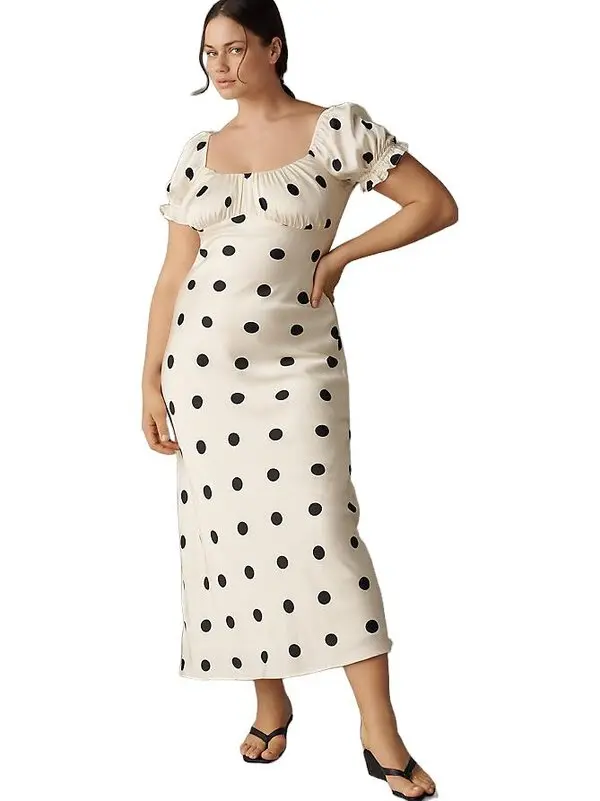 Lulus Keaton Puff-sleeve Midi Dress - Ivory/black Polka Dot