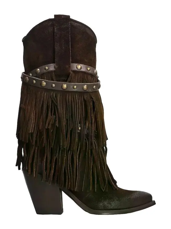 METISSE Studded Fringe Boots - Brown