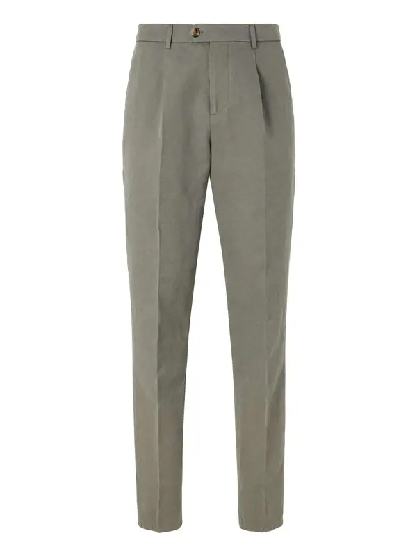 Brunello Cucinelli Straight-leg Pleated Cotton And Linen-blend Trousers - Army Green