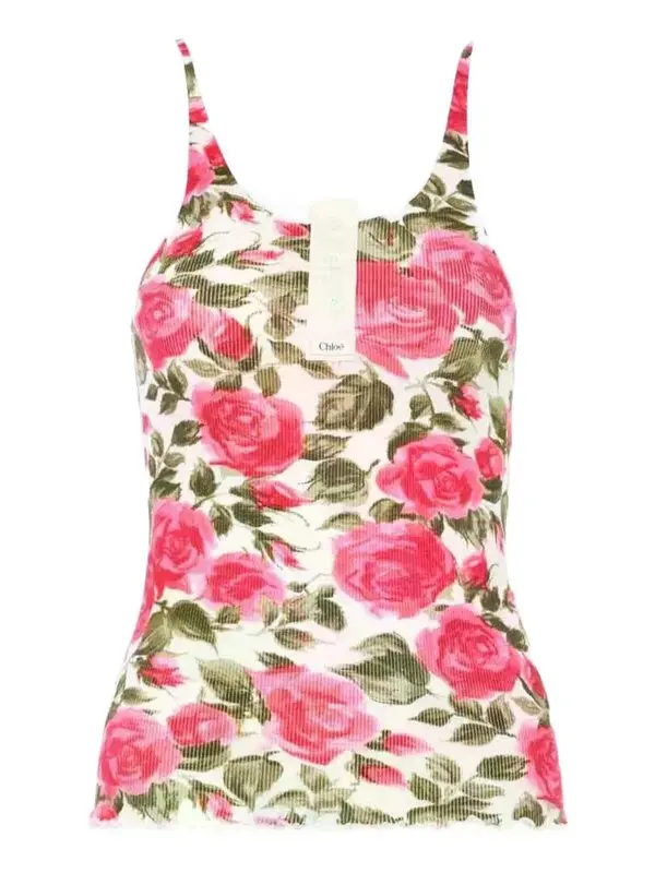 Chloé Rose-print Ribbed Tank Top - Pink