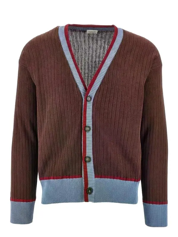 GALLIA Ribbed V-neck Cardigan - Brown