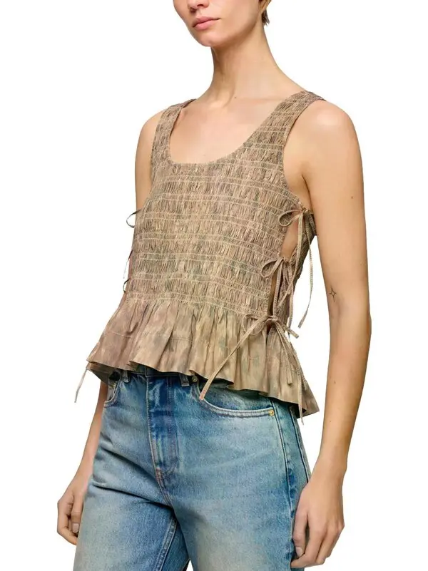GANNI Smocked Tie Top - Neutrals