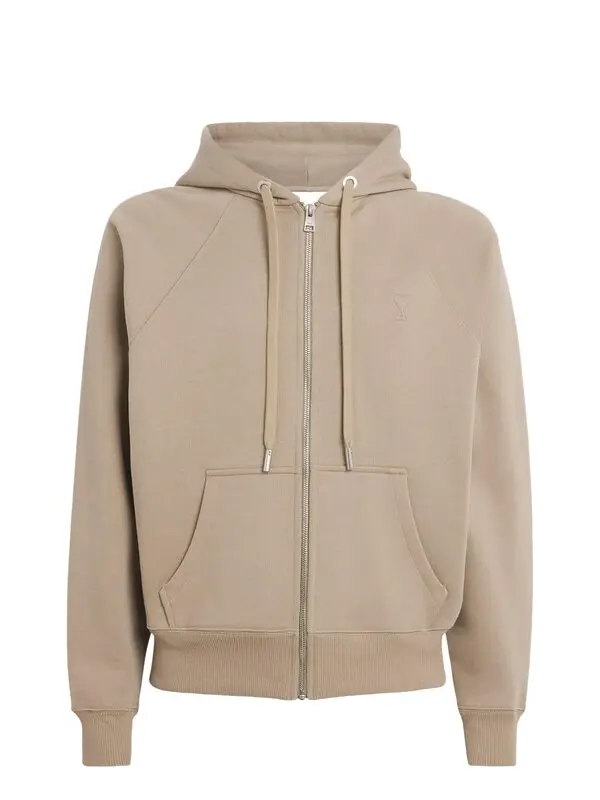 Ami Cotton Quota Zip-up Hoodie - Beige