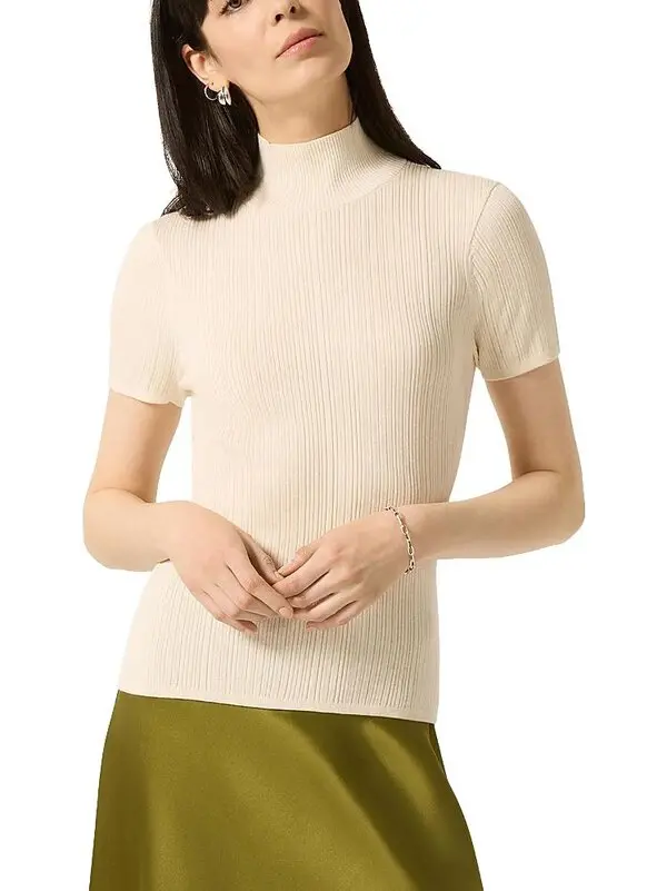 ARGENT Ribbed Short Sleeve Turtleneck Top - Off White