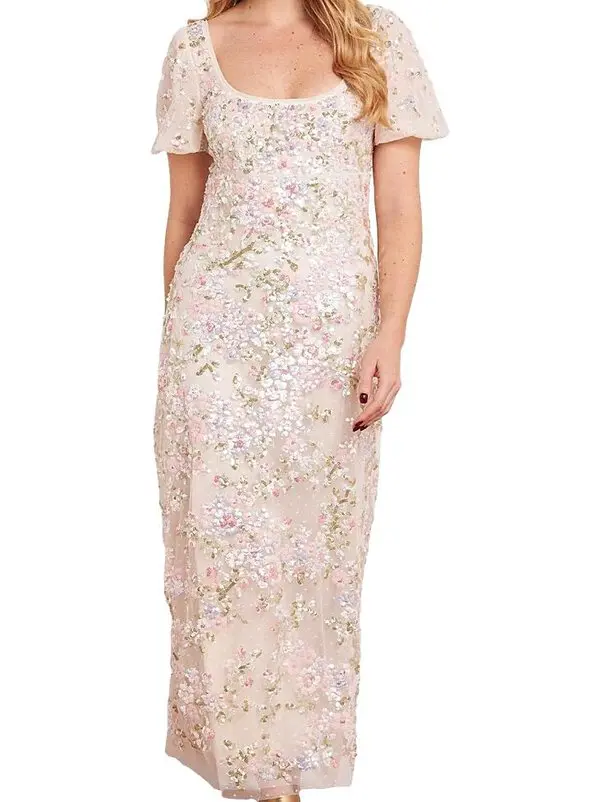 NEEDLE & THREAD Dream Garland Puff Sleeve Ankle Gown - Cream/multi