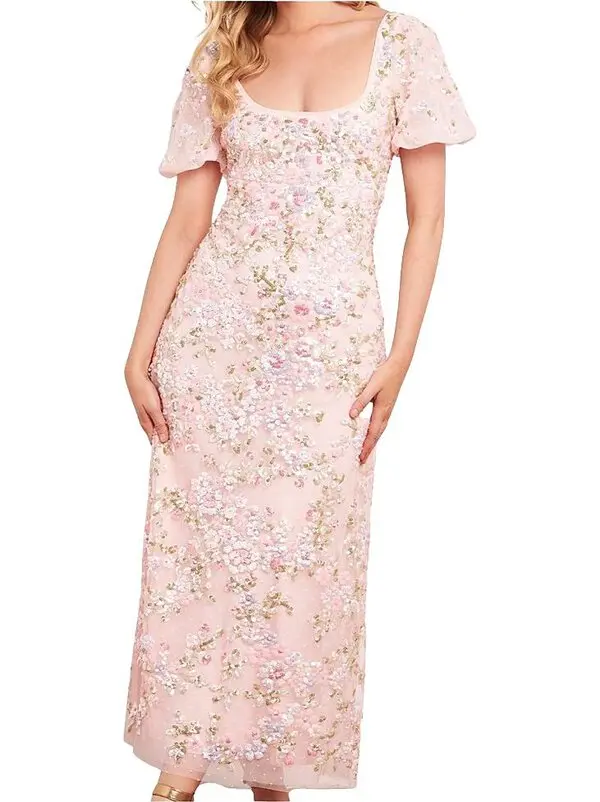 NEEDLE & THREAD Dream Garland Puff Sleeve Gown - Seashell/multi