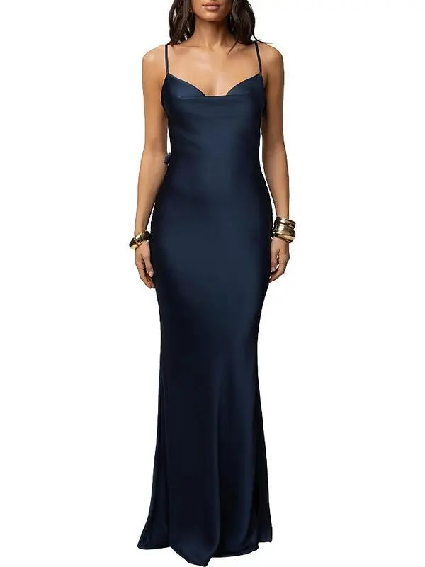 JLUXLABEL Satin Gown With Floral Trim - Navy