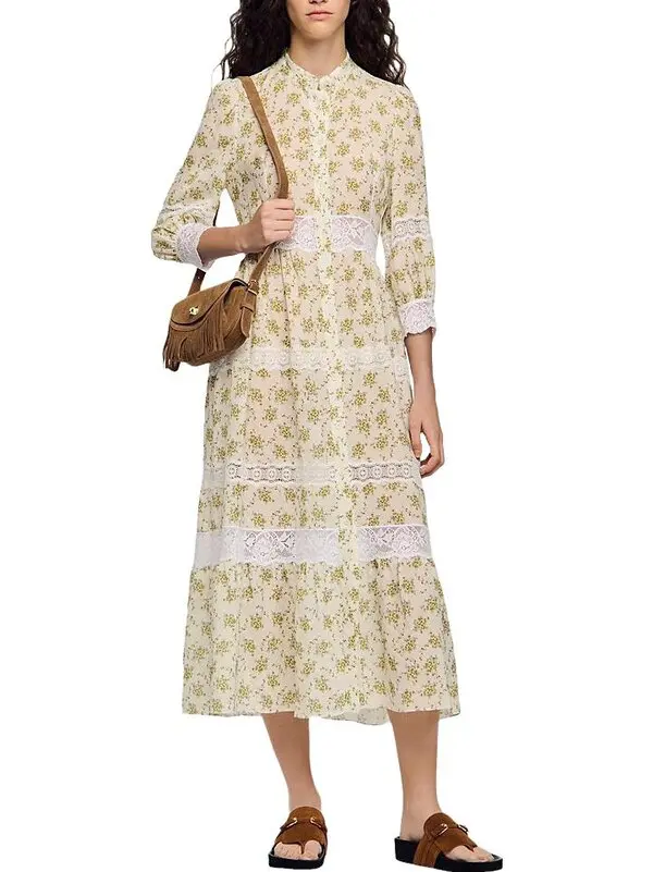 Sandro Floral Lace Trim Maxi Dress - Olive / Ecru