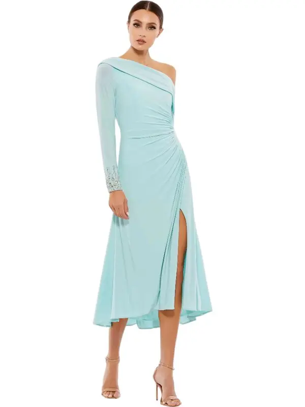 Mac Duggal Foldover Long Sleeve Jeweled Midi Dress - Blue