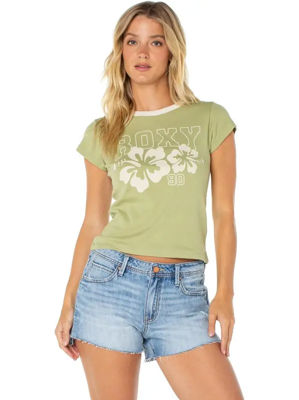 Roxy Genuine Hibiscus 90s Ringer Baby Tee - Sage Genuine Hibiscus