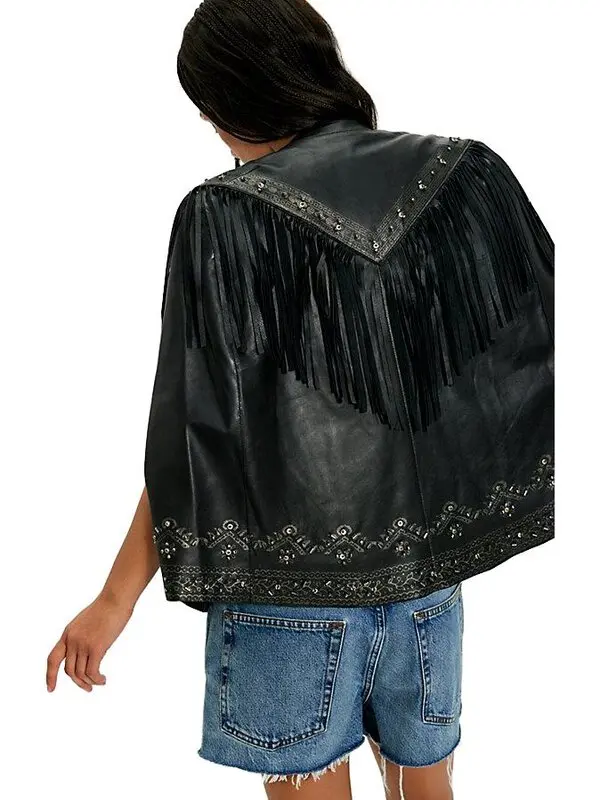 NIGEL PRESTON Leather Cape With Fringe And Stud Detailing - Black