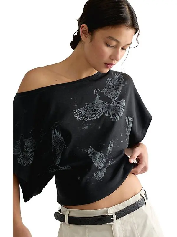RAGABOND Graphic Bird Print Boatneck T-shirt - Black Combo