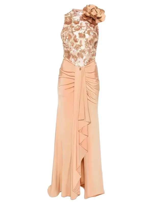 BABYLONE PARIS Sequin-embellished Floral-appliqué Maxi Dress - Neutrals