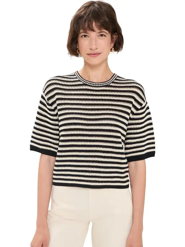 ANINE BING Theo Striped Short Sleeve Sweater - Black And Ivory Stripe