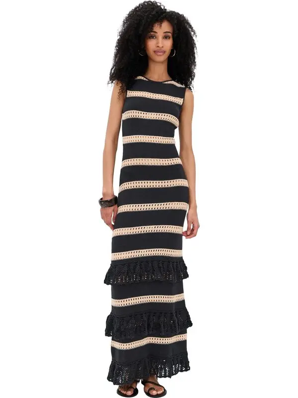 Rails Ana Ruffle Tiered Maxi Dress - Black Oat Stripe