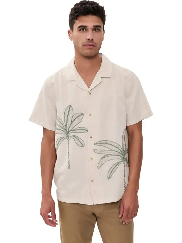 Marine Layer Embroidered Resort Shirt - Cream/green Palm