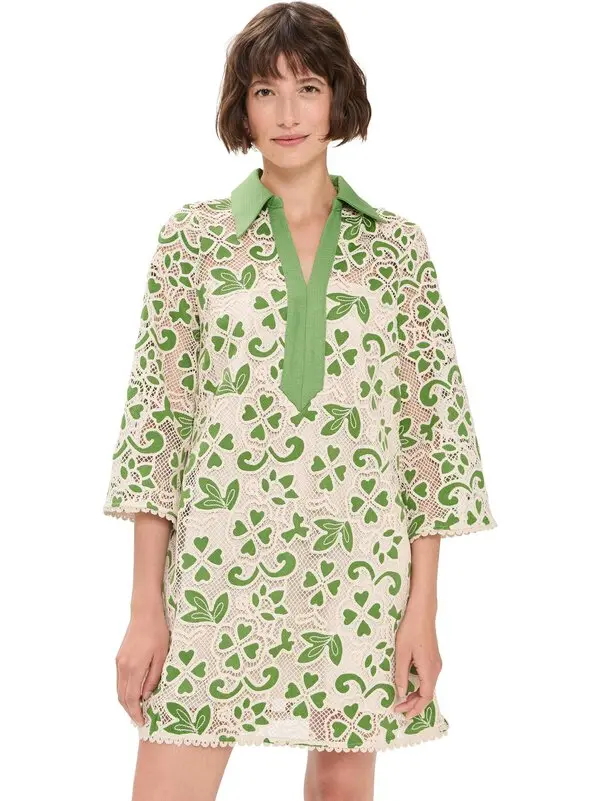 English Factory Embroidered Collar Mini Dress - Green/natural