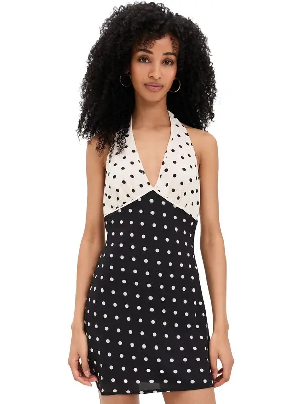 BAILEY ROSE Polka-dot Mini Halter Dress - Black/cream