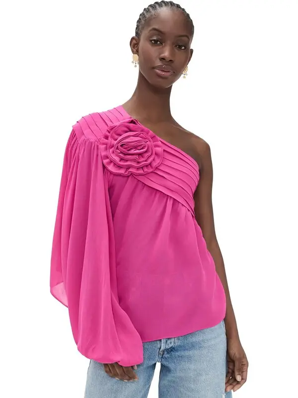 Farm Rio One-shoulder Blouse With Rose Applique - Pink