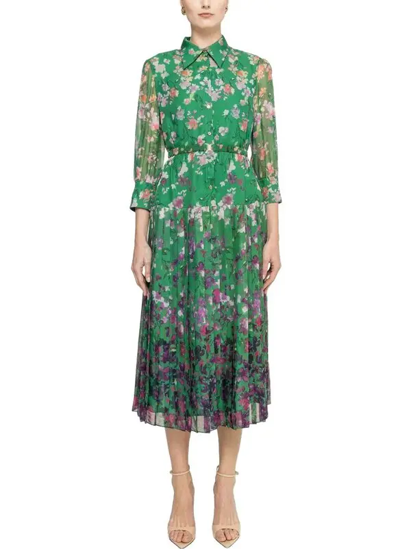 NISSA Floral Pleated Midi Dress - Green