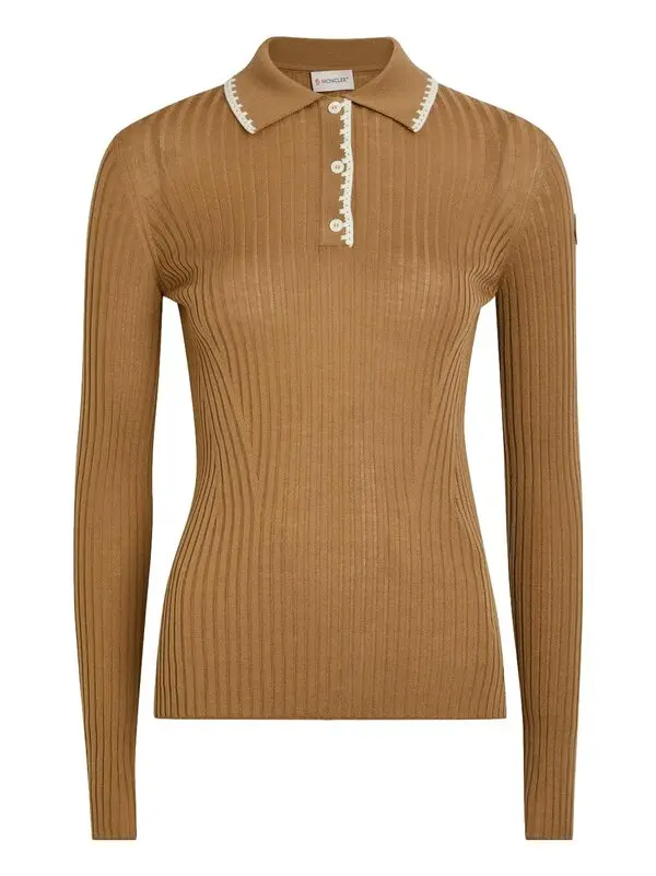 Moncler Ribbed Wool Polo Top - Brown