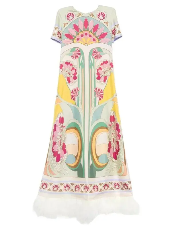 La DoubleJ Tulip Placée-print Feather-trim Maxi Dress - Neutrals