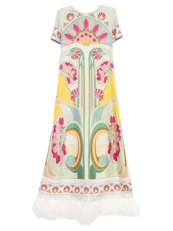 La DoubleJ Tulip Placée-print Feather-trim Maxi Dress - Neutrals