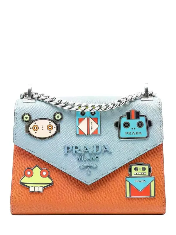 Prada Bicolor Saffiano Cuir Robot Patches Envelope Chain Flap Crossbody Bag - Blue