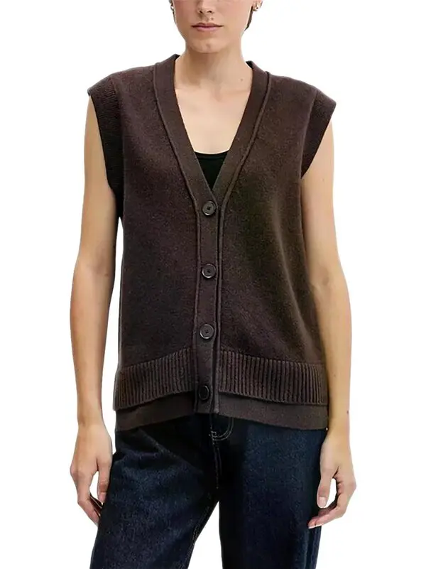 Sisley V-neck Button Vest - Brown