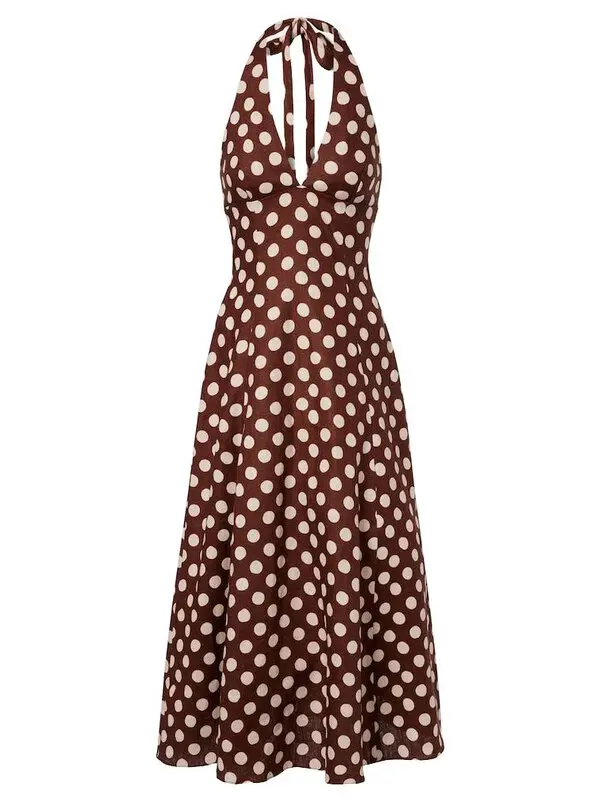 Faithfull The Brand Marais Polka-dot Linen Midi Dress - Brown
