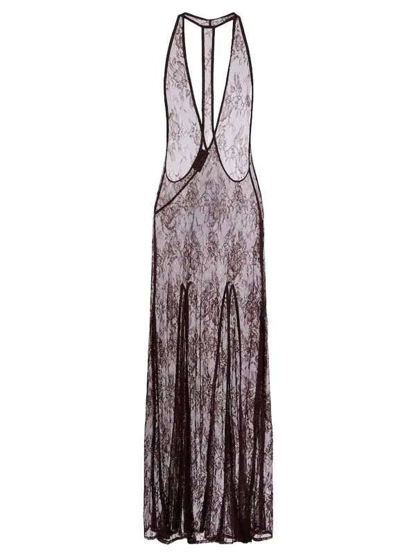 ADRIANA DEGREAS Sheer Open-back Lace Maxi Dress - Brown