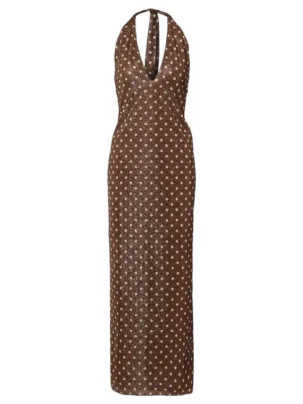 Oseree Lumière Polka-dot Halterneck Maxi Dress - Brown