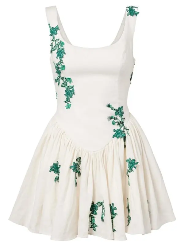 Agua Bendita Pluma Embroidered Cotton Minidress - White