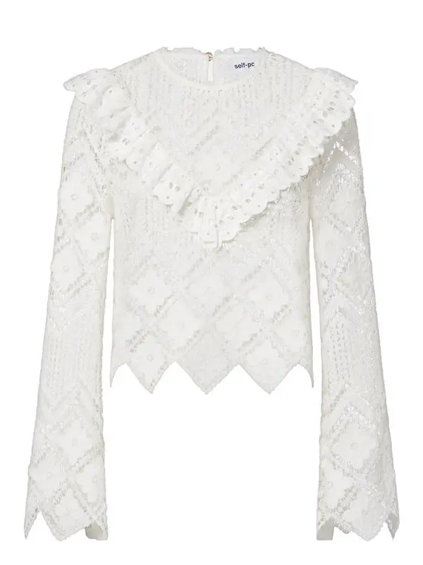 SELF-PORTRAIT Crochet Ruffled Top - White