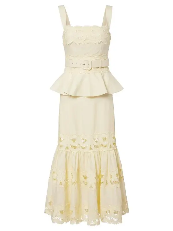 SELF-PORTRAIT Belted Crochet-trimmed Linen And Cotton Midi Dress - Yellow
