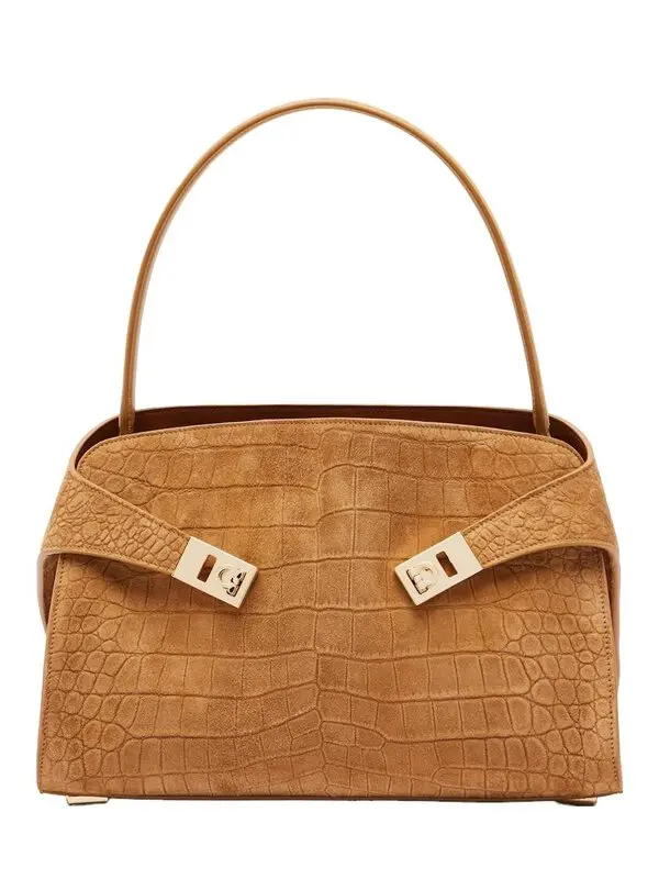 FERRAGAMO Medium Croc-effect Suede Shoulder Bag - Beige