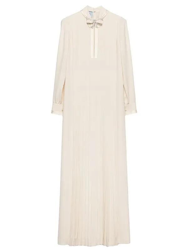 Prada Long Pleated Silk Broadcloth Dress - Neutral