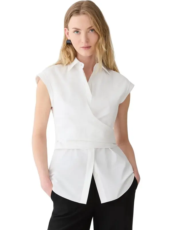 Lafayette 148 New York Organic Cotton Poplin Fitted Wrap Shirt - White